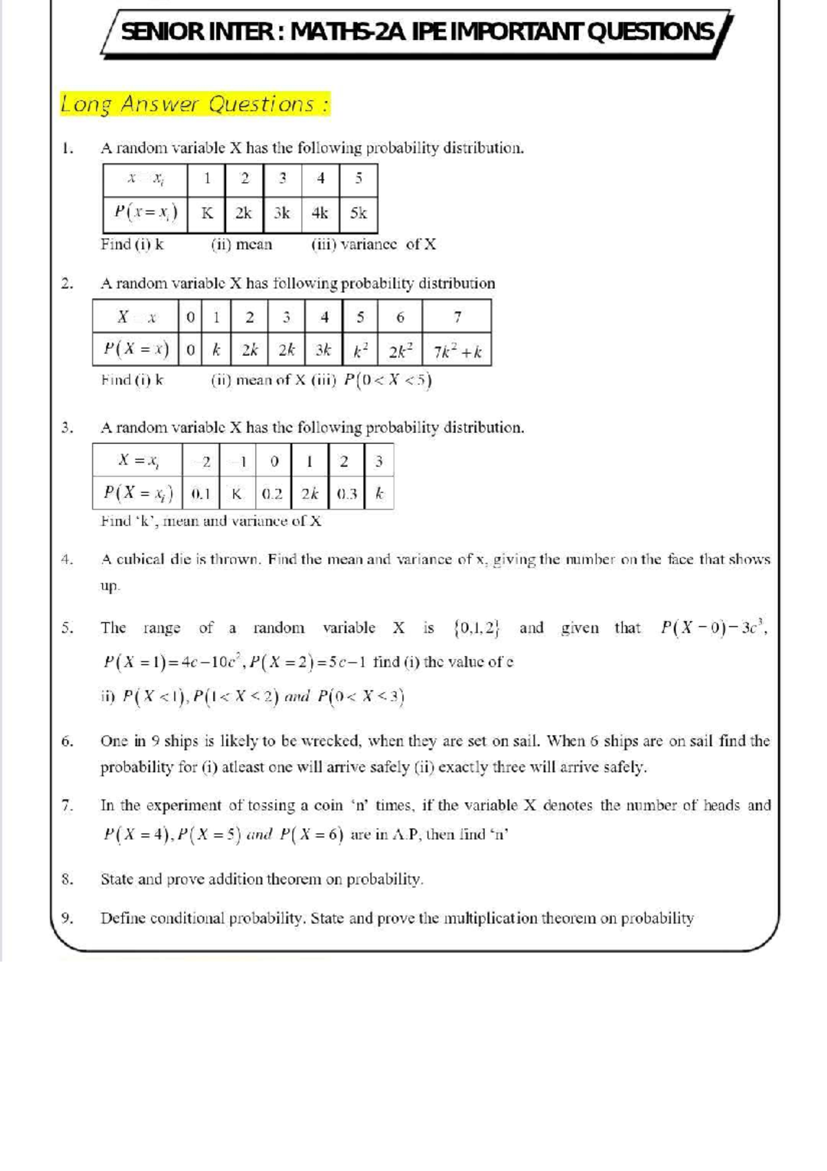Maths 2A important questions - SENIOR INTER: PEIMPORTANT QUESTIONS Long Answer Questions : 1. A ...