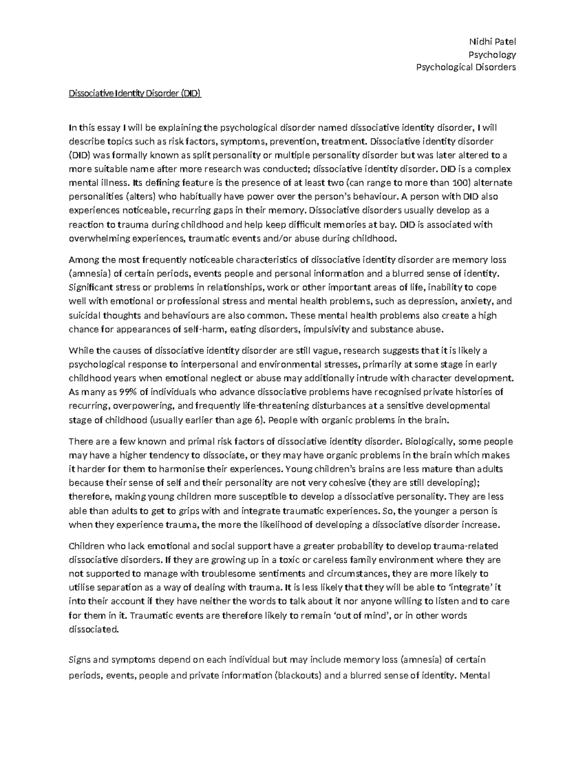 DID Research Paper: Understanding Dissociative Identity Disorder (DID ...