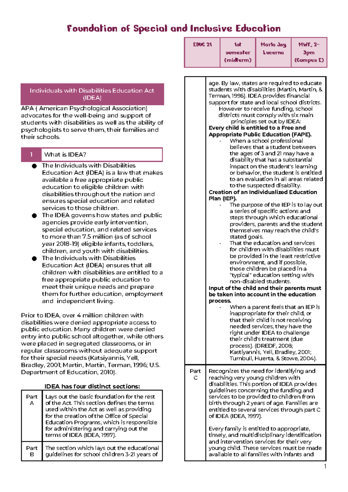 Foundations of Special & Inclusive Education: EDUC 21 Midterm Notes ...