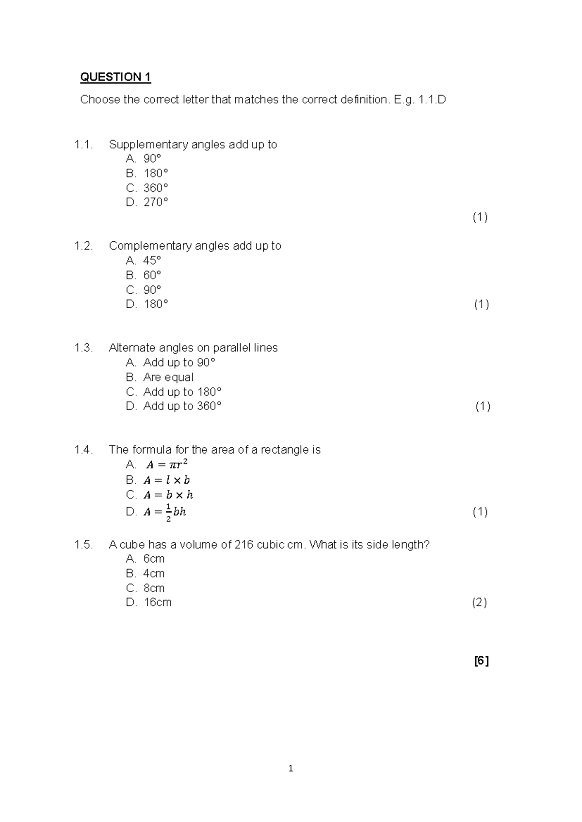 Grade 9 Math Quiz: Definitions & Calculations (Sept 2025) - Studocu