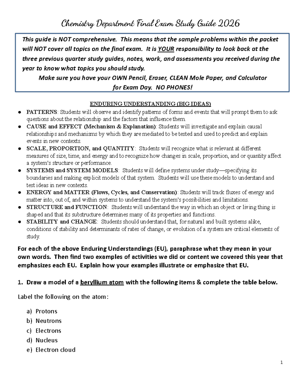 Chemistry Department Final Exam Study Guide 2026 (SG-GChem EOY) - Studocu