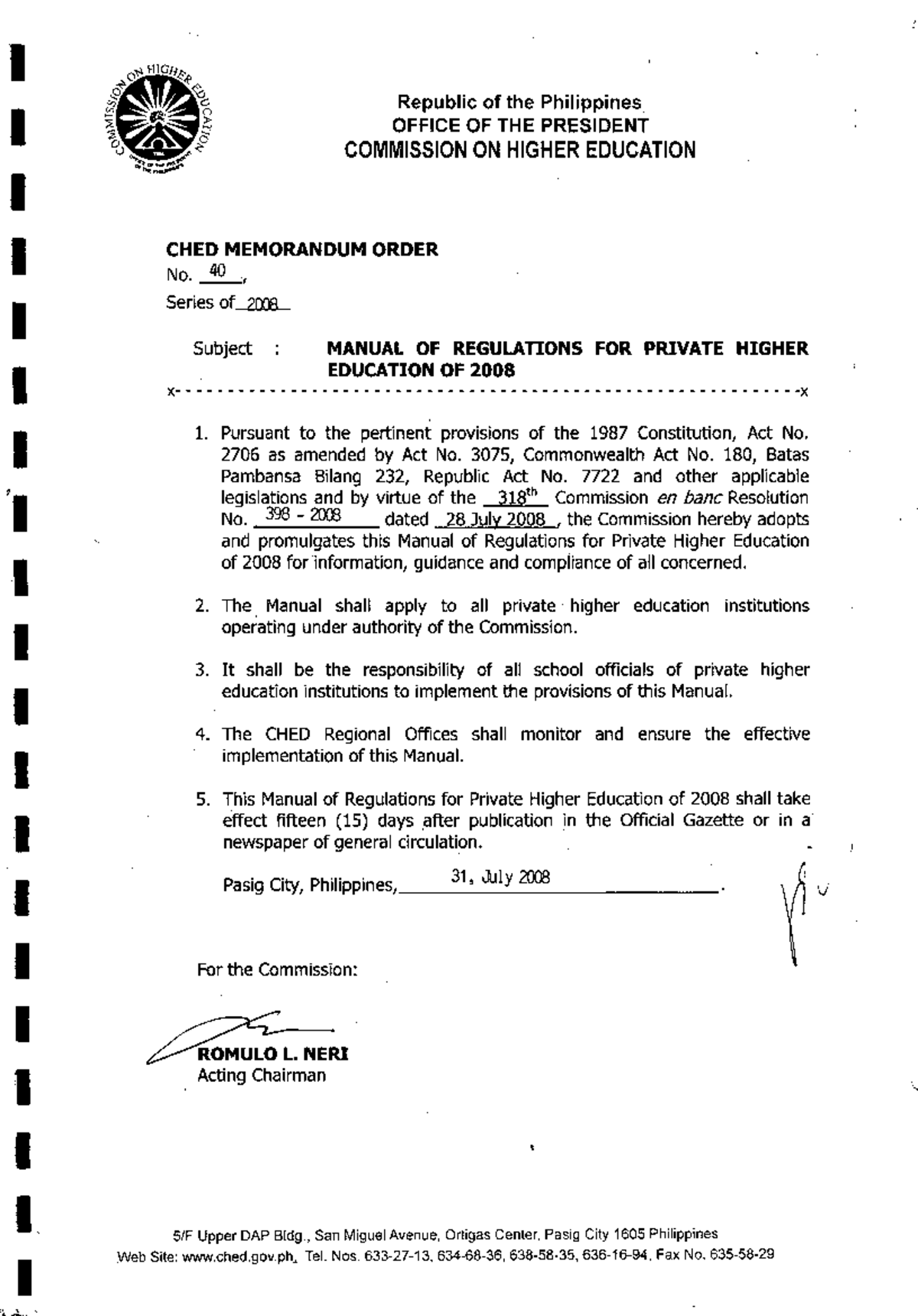 CHED Memo Order No. 40: Manual of Regulations 2008 for Private Higher ...