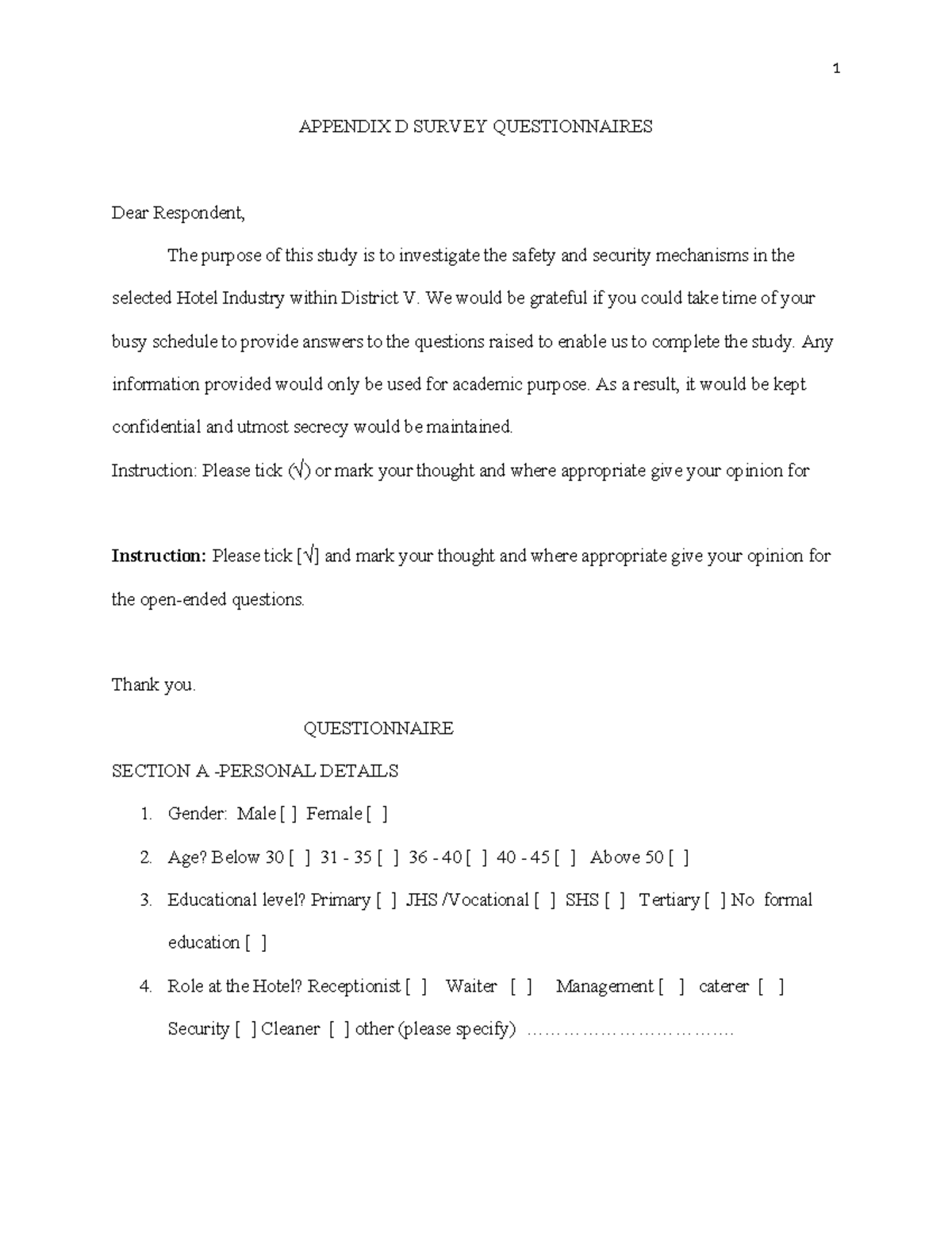 Survey Questionnaire on Safety & Security in Hotel Industry (District V ...