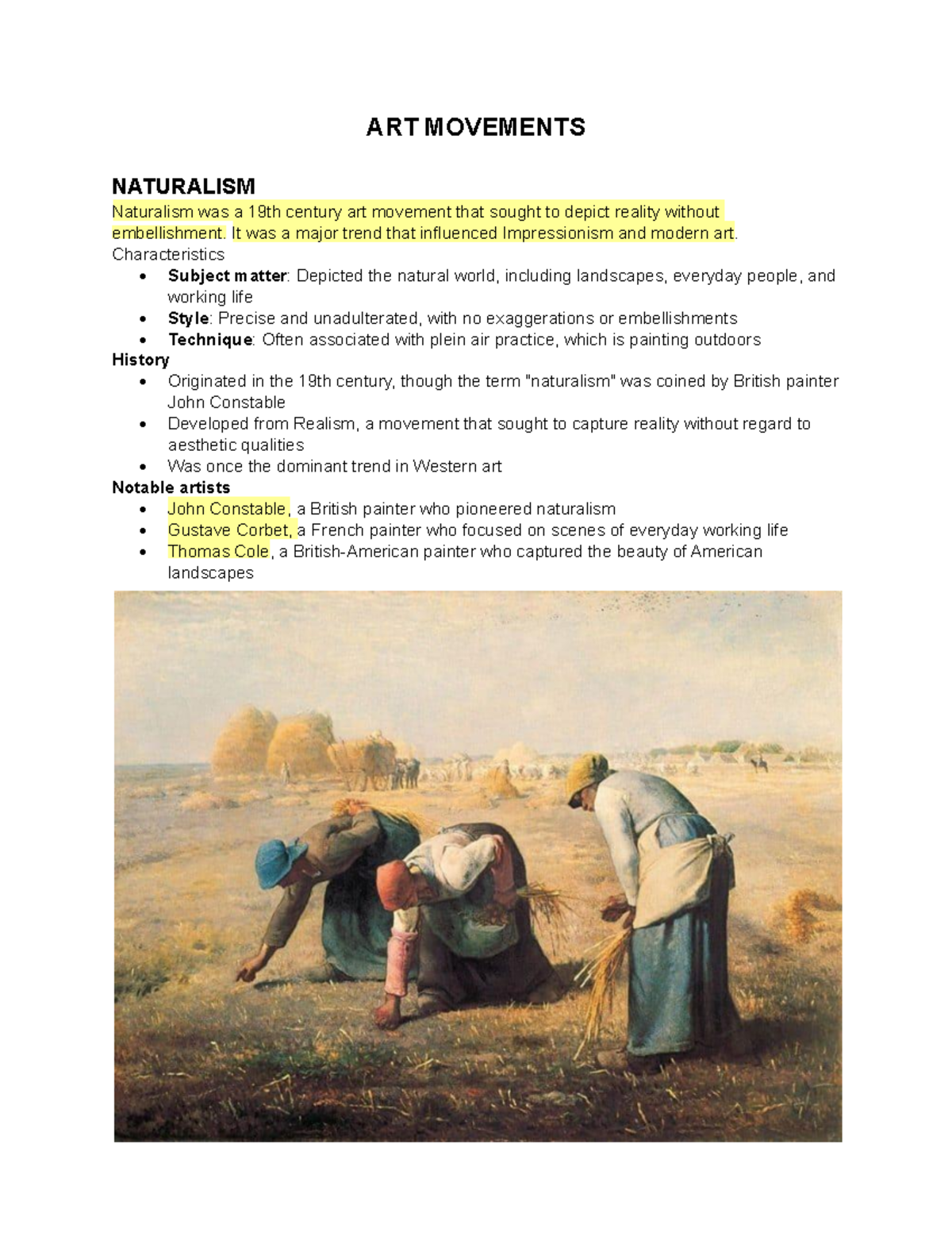 ART Movements Overview: Naturalism, Humanism, and Beyond - Studocu