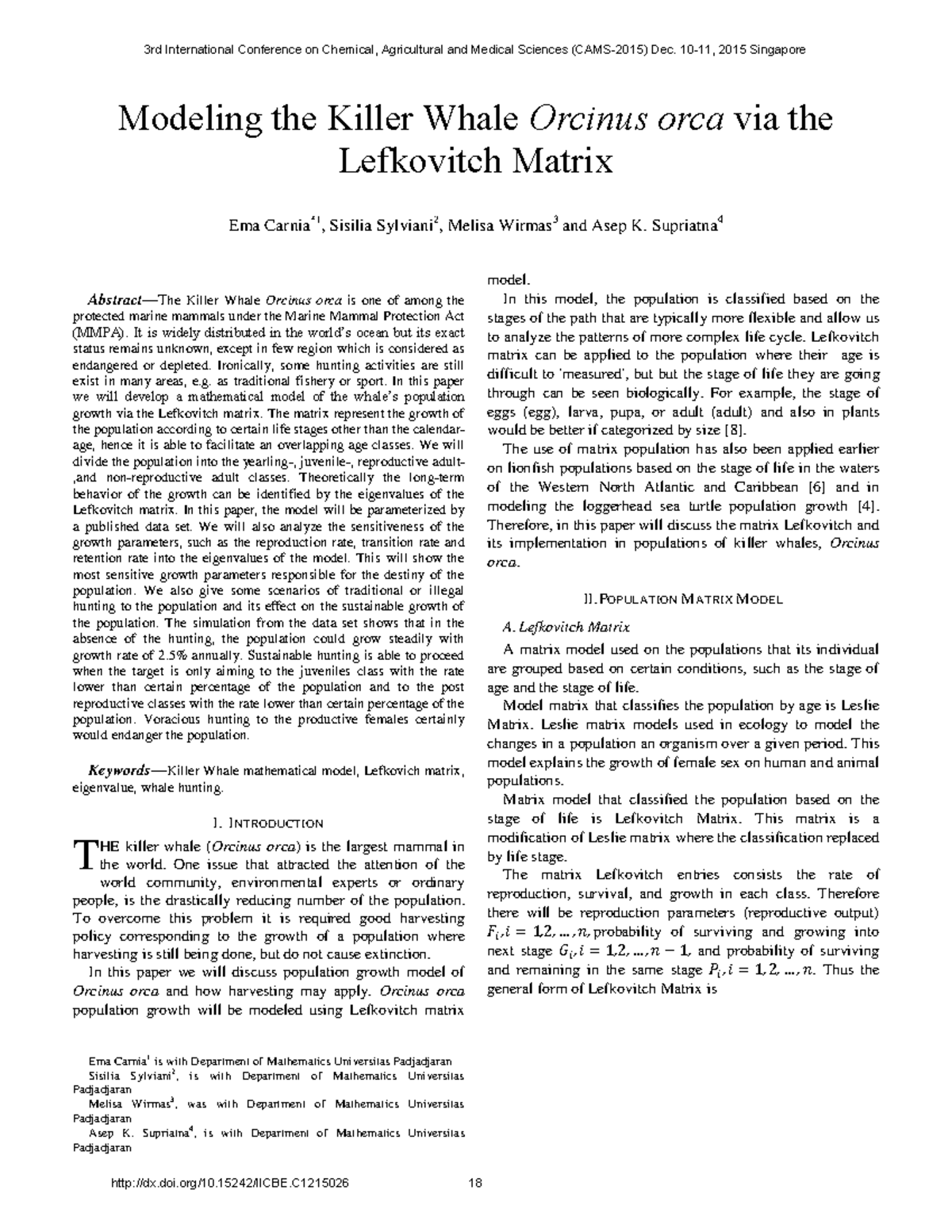 Lefkovitch Matrix Model of Orcinus orca Population Growth Analysis ...