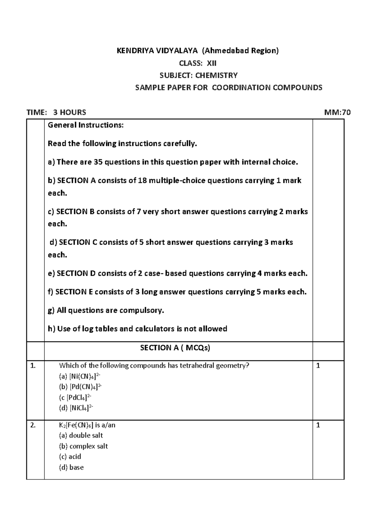 KENDRIYA VIDYALAYA CLASS XII CHEMISTRY SAMPLE PAPER ON COORDINATION ...