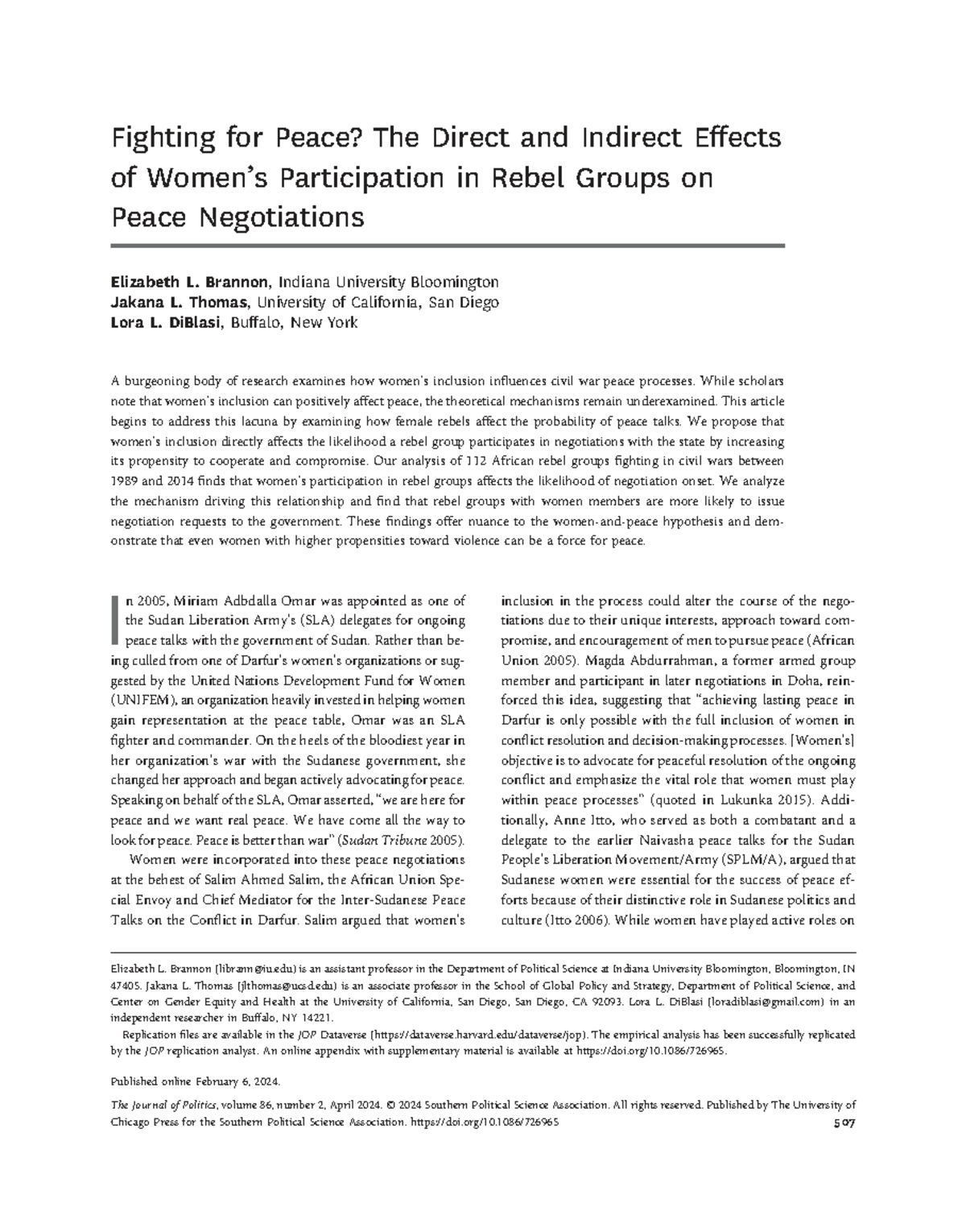 Fighting for Peace? Women's Roles in Rebel Negotiations (POLI 415 ...