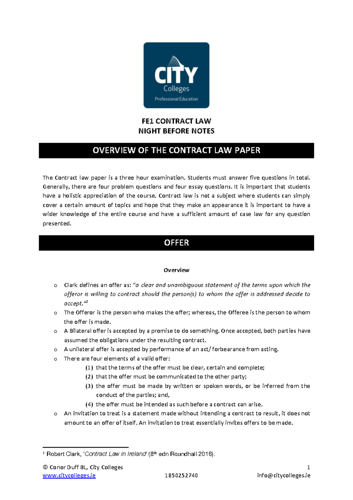 FE1 CONTRACT LAW FINAL EXAM NIGHT BEFORE NOTES OVERVIEW - Studocu