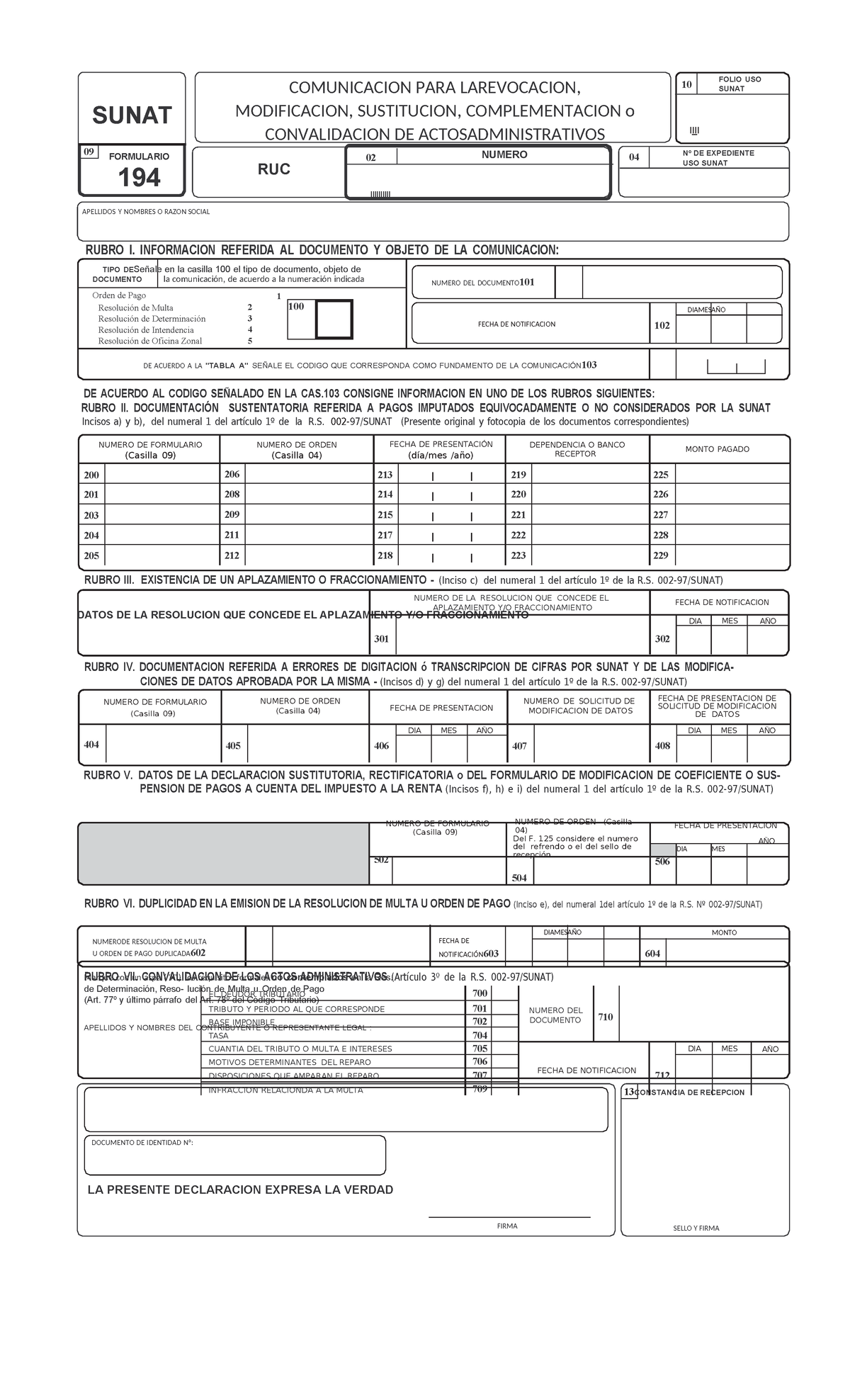 Formulario 194: Comunicación para Modificación y Convalidación de Actos ...