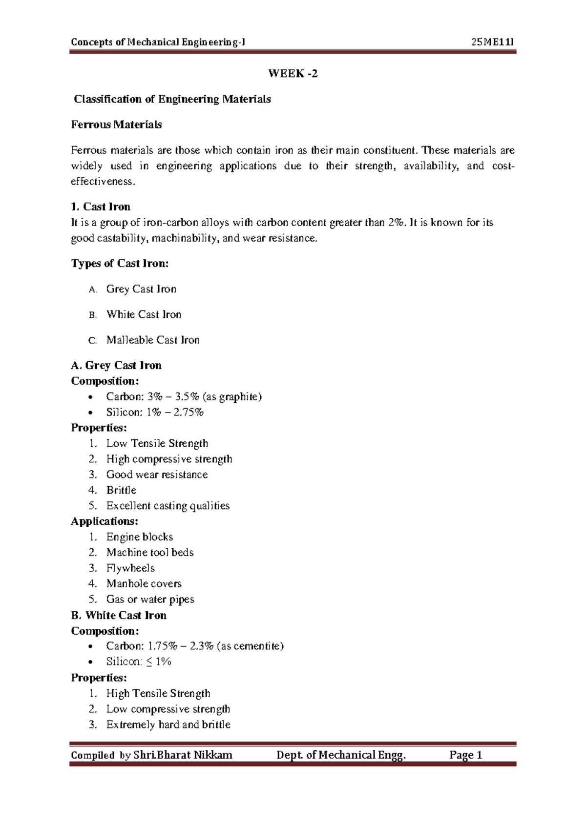 Concepts of Mechanical Engineering 25ME11I: Classification of Ferrous ...