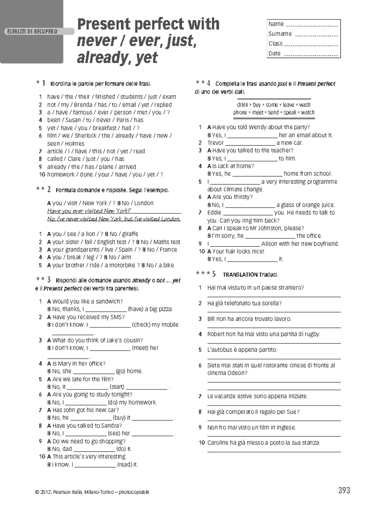 SSSG Inglese Present Perfect: Exercises on Never, Just, Already, Yet ...