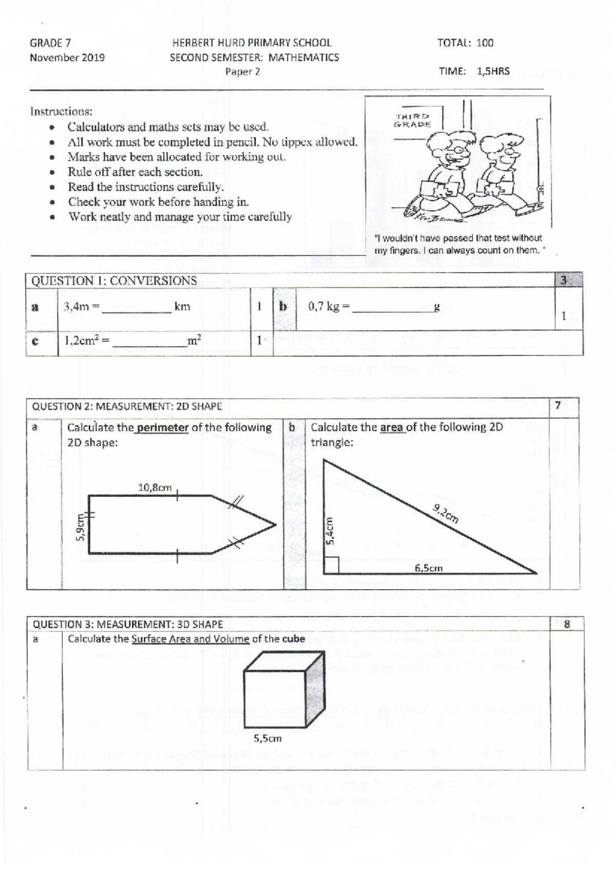 Grade 7 Maths P2 November 2019 - Test Paper Solutions and Questions ...
