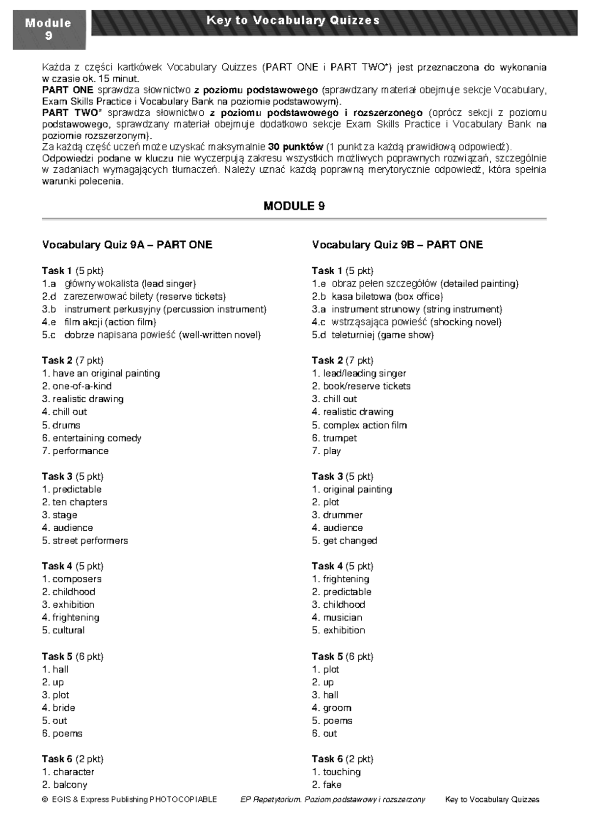 Module 9 Vocabulary Quizzes Key (9A & 9B) - EGIS Repetytorium - Studocu
