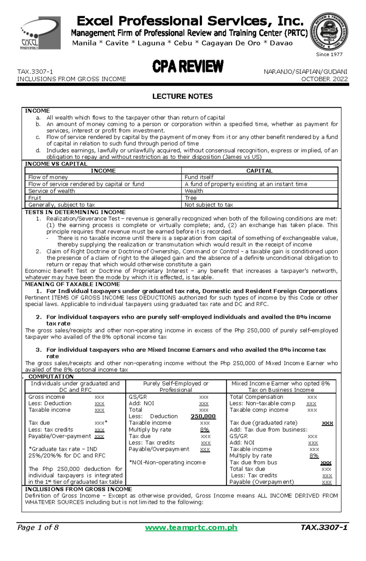 Inclusions and Exclusions from Gross Income: Lecture Notes (Oct 2022 ...
