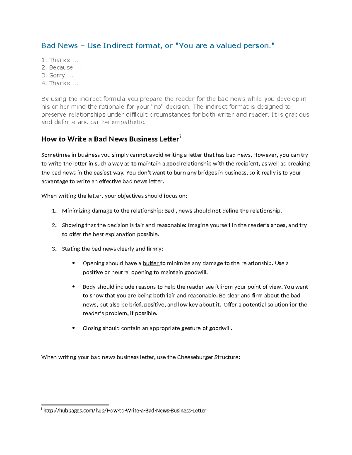 Writing Bad News Persuasive Letters - Bad News – Use Indirect format ...