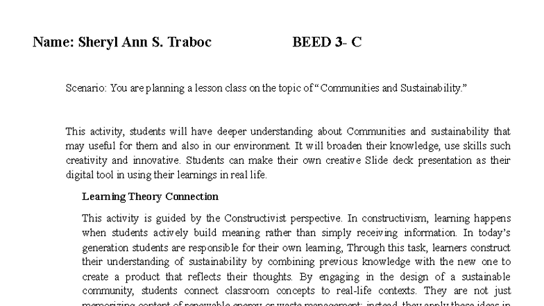 BEED C Activity 2: Designing Sustainable Communities with Slides - Studocu
