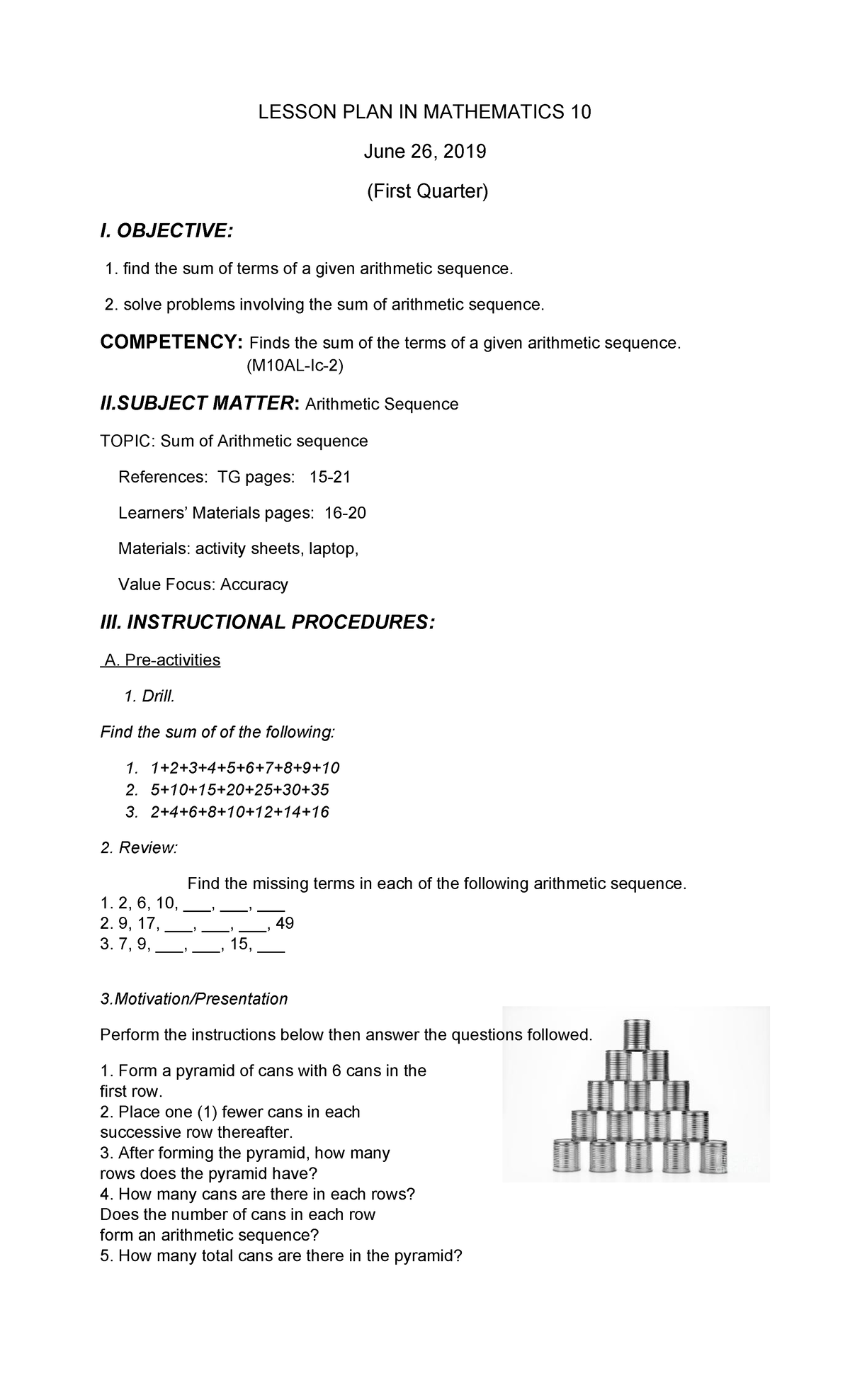 DLP COT 1 sharon - Lesson Plan in Mathematics - LESSON PLAN IN ...