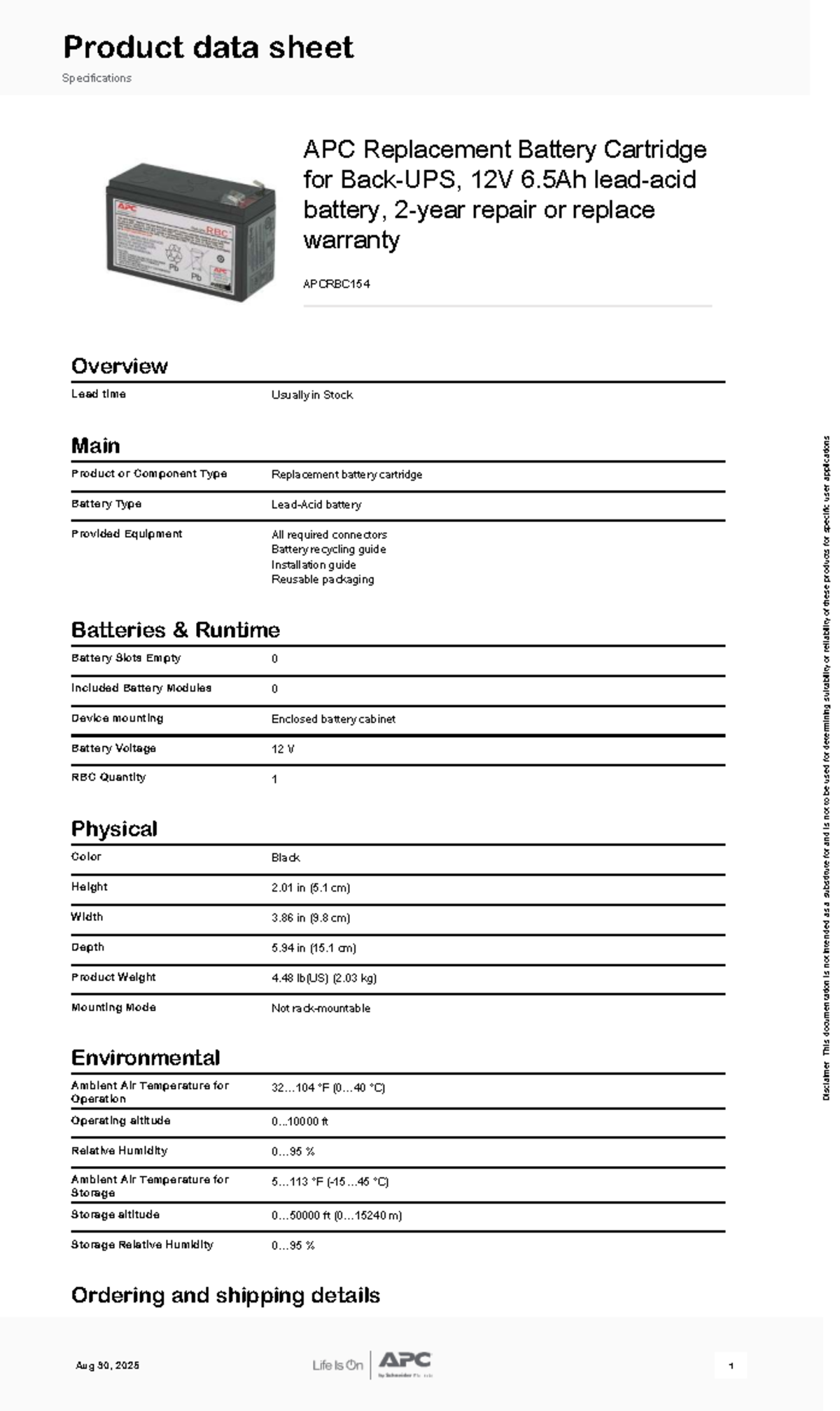 APC APCRBC154 Replacement Battery Cartridge Data Sheet - Studocu