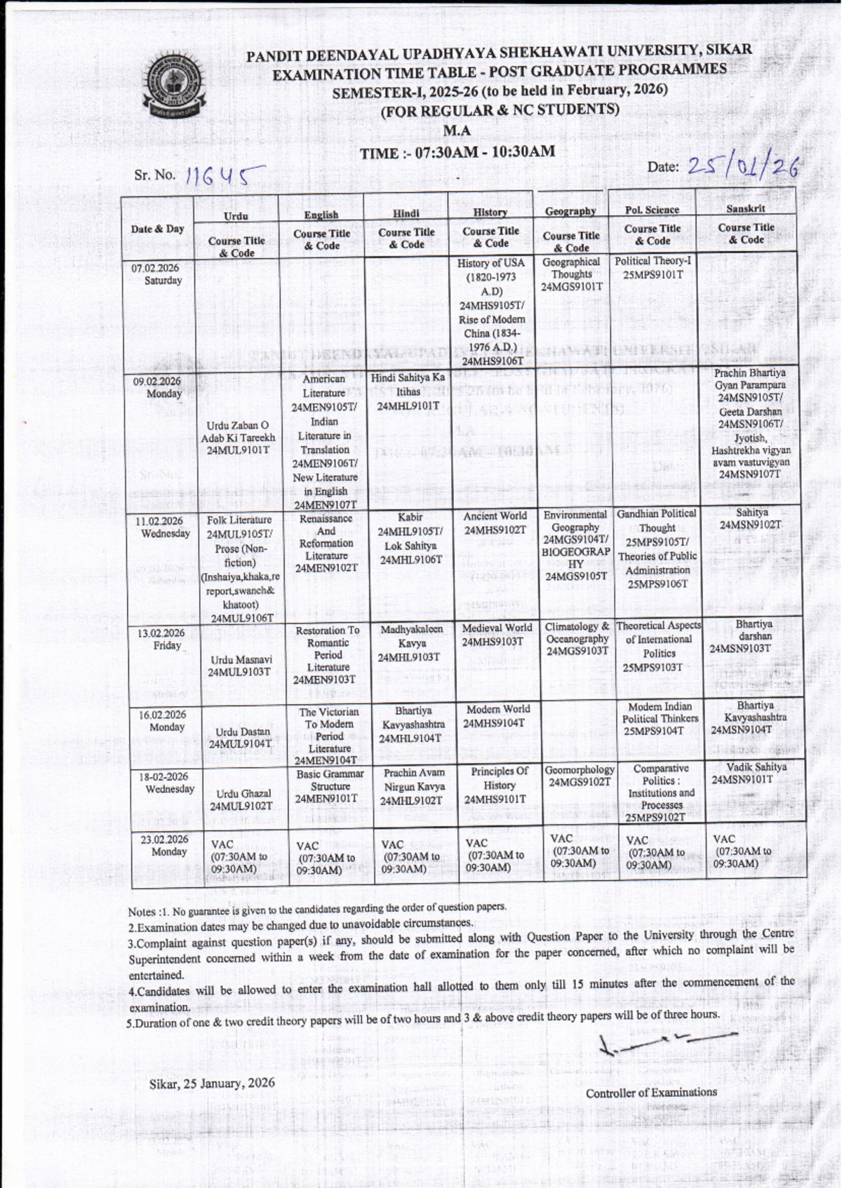 PG Exam Time Table - Pandit Deendayal Upadhyaya University, Feb 2026 ...