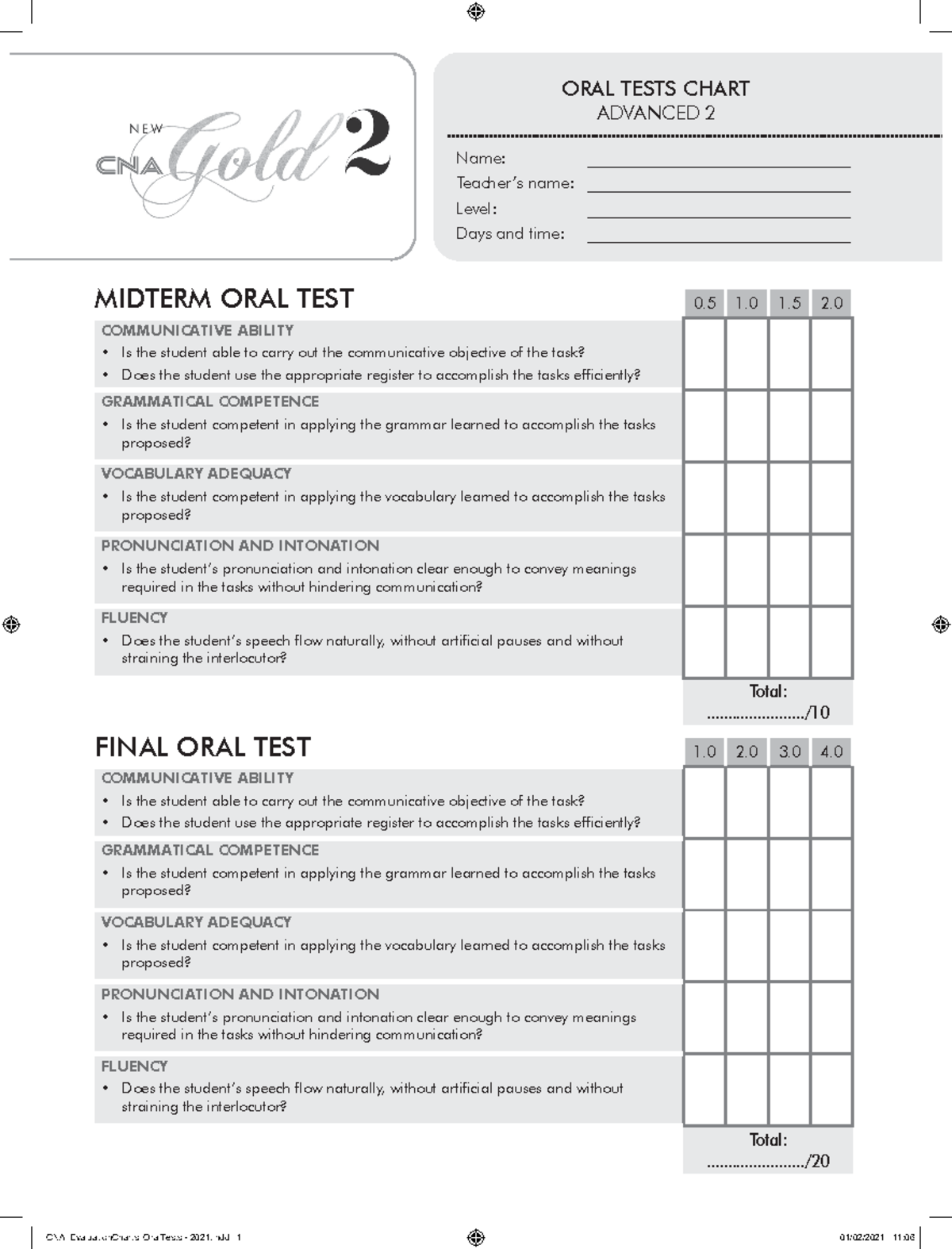 New CNA Gold 2 - Midterm & Final Oral Test Evaluation Charts - Studocu