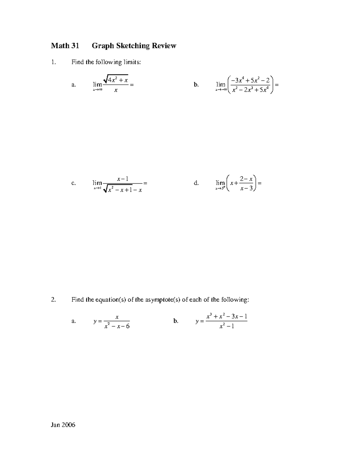 Math 31 Curve Sketching Review and Limit Analysis - Studocu