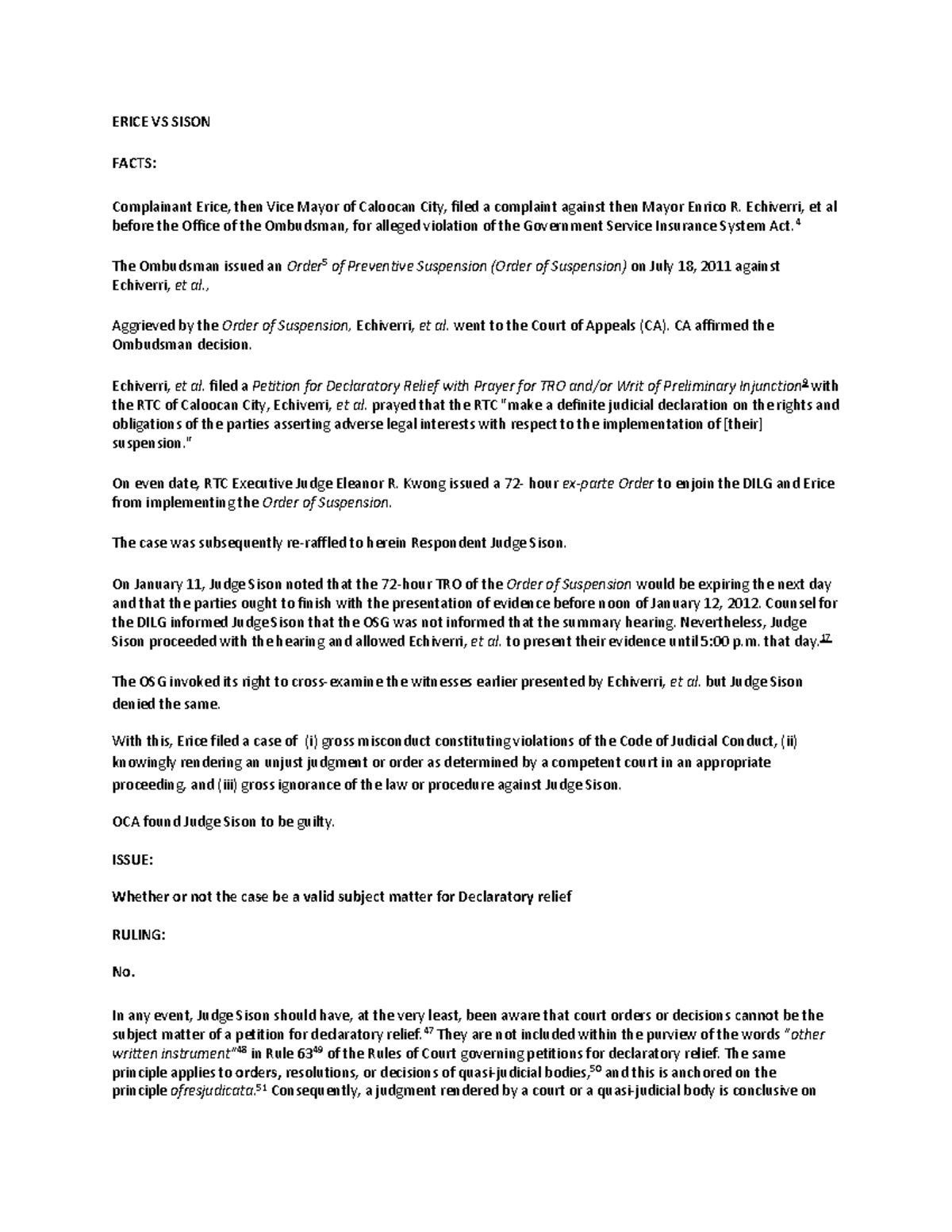 ERICE VS SISON: Legal Analysis of Declaratory Relief Case - Studocu