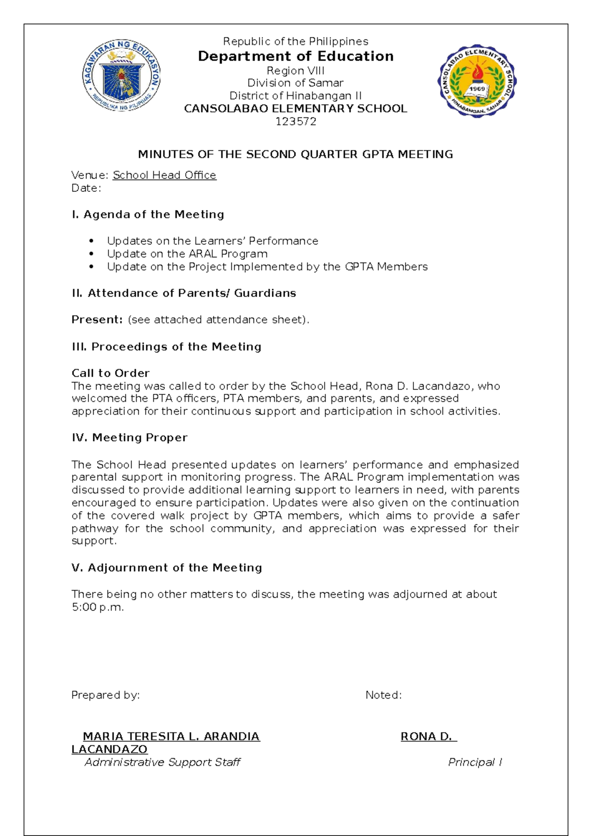 Minutes of the GPTA Meeting - CANSOLABAO ELEMENTARY SCHOOL 123572 - Studocu