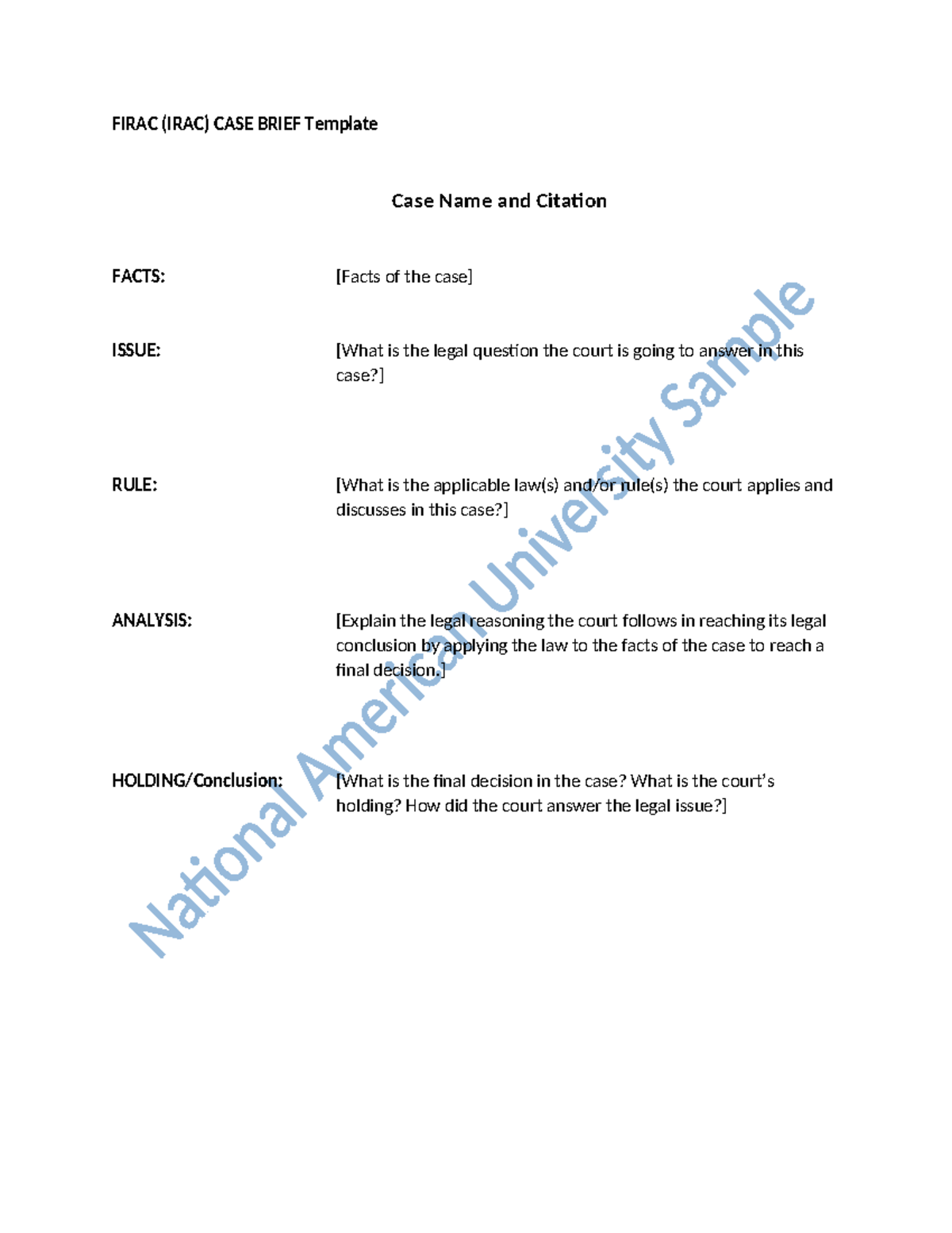 Case Brief Template - FIRAC (IRAC) CASE BRIEF Template Case Name and Citation FACTS: [Facts of ...