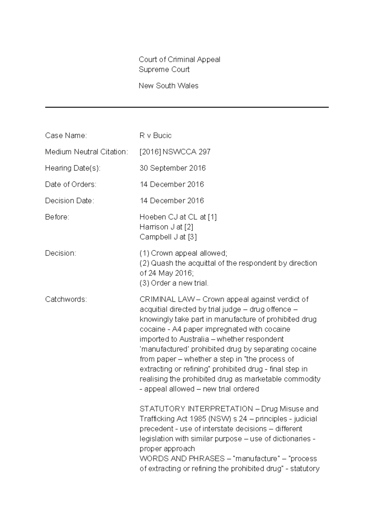 R v Bucic (2016) NSWCCA 297 - Crown Appeal Verdict Analysis - Studocu