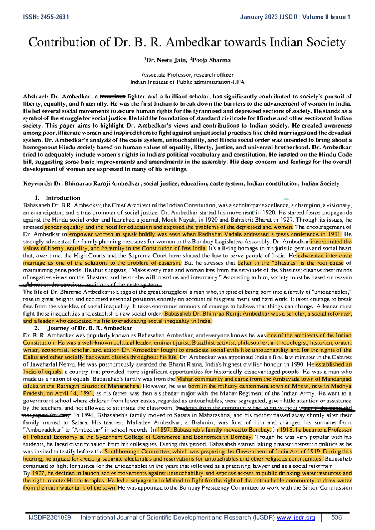 Contribution of Dr. B.R. Ambedkar to Indian Society - IJSDR2301089 ...
