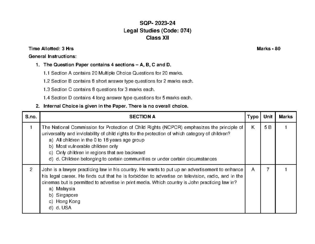 Legal Studies (Code: 074) Class XII Sample Question Paper (SQP) - Studocu
