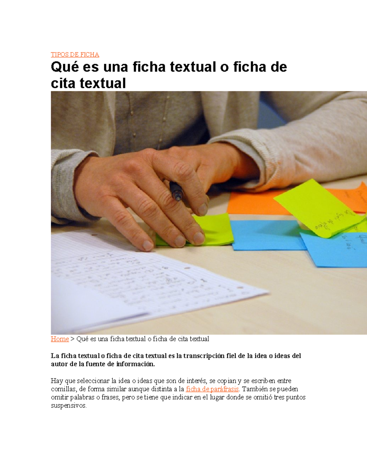 Tipos de Ficha: Citas Textuales y Ejemplos Prácticos - Studocu