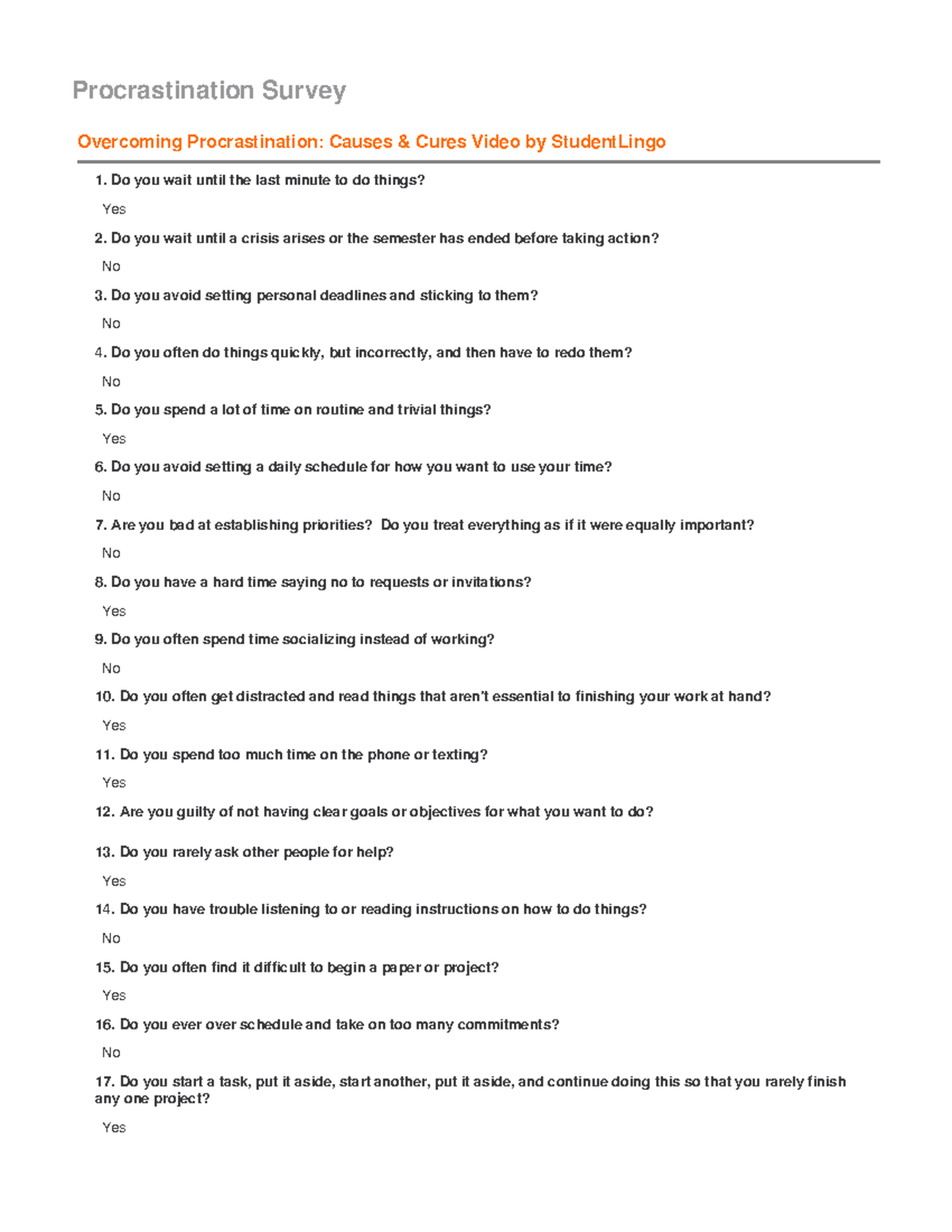Procrastination Survey: Causes and Cures Analysis - Studocu