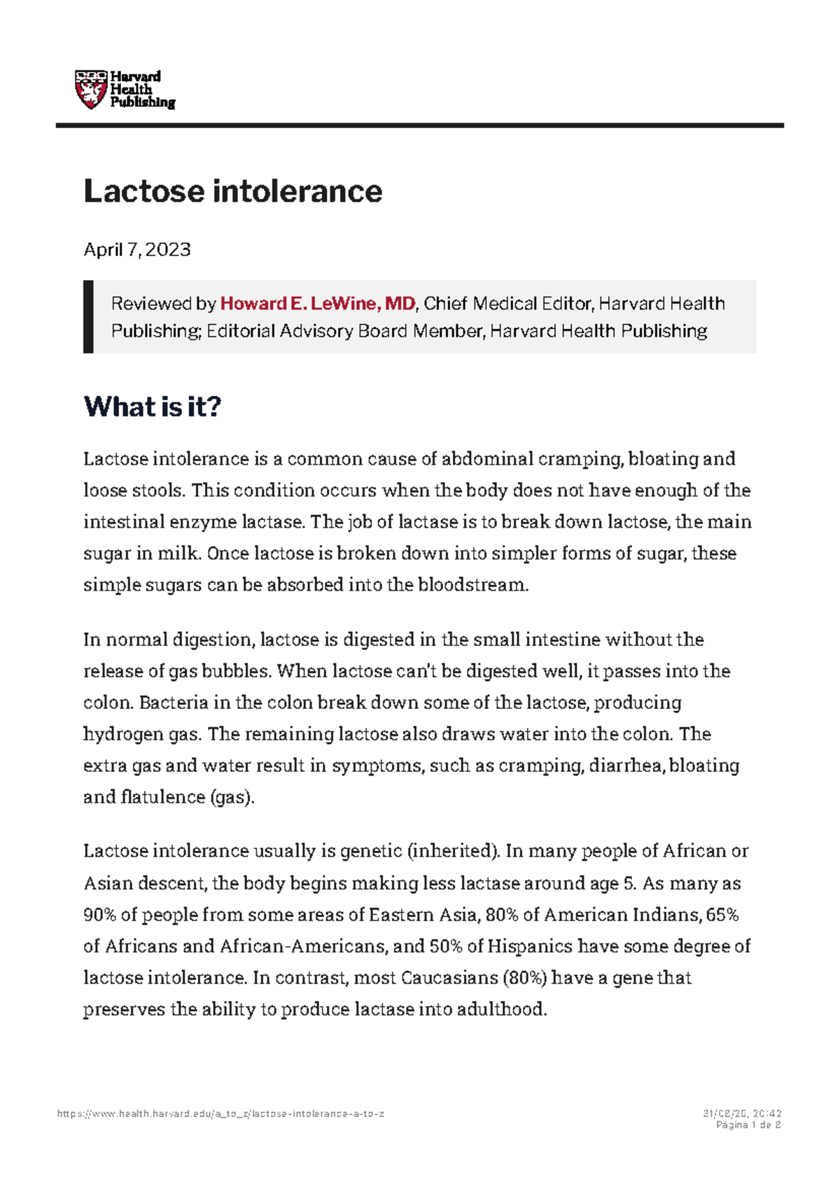 Lactose Intolerance Overview - Harvard Health Insights - Studocu