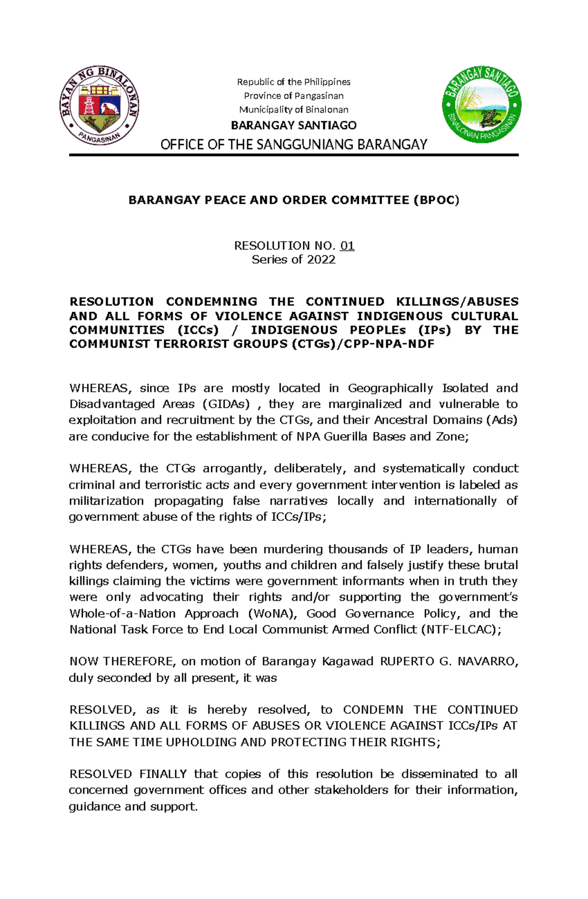 ICC IP CTG RESOLUTION 01 - CONDEMNATION OF VIOLENCE AGAINST IPs - Studocu