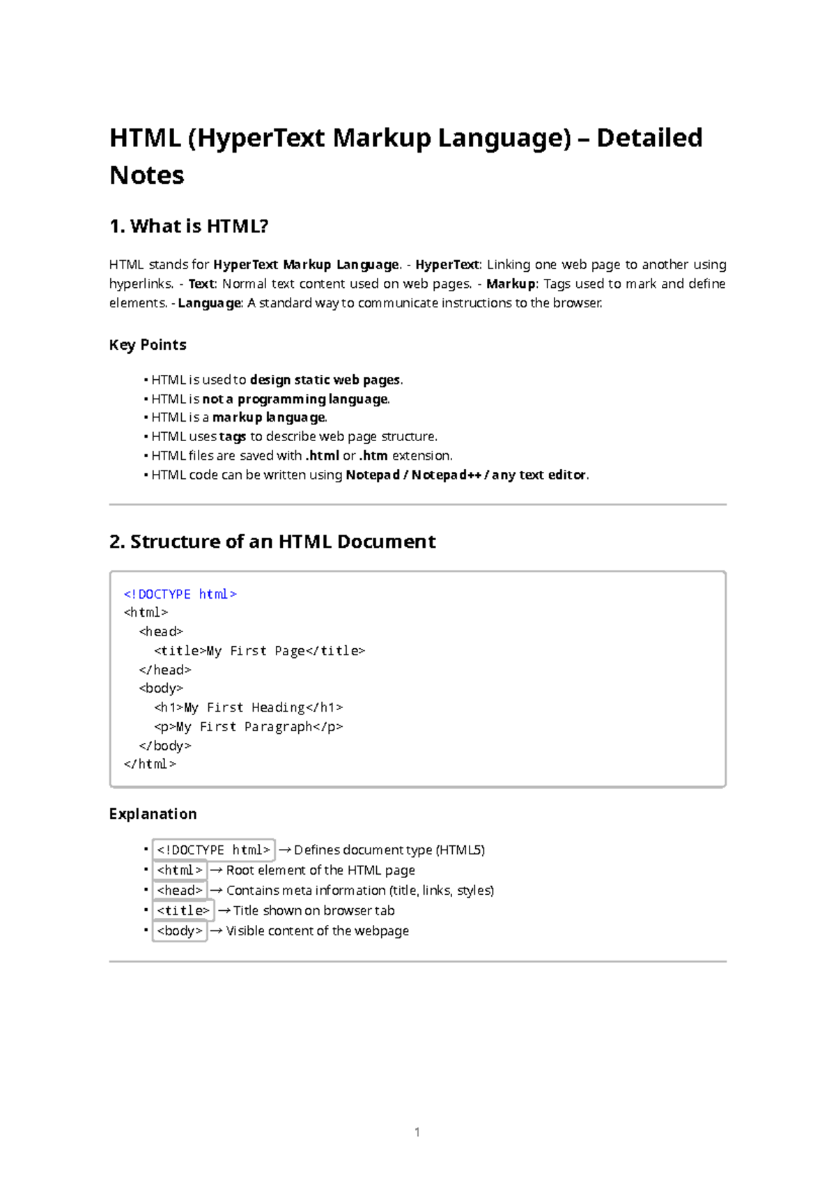 HTML (CS101) Comprehensive Notes on Structure and Tags - Studocu