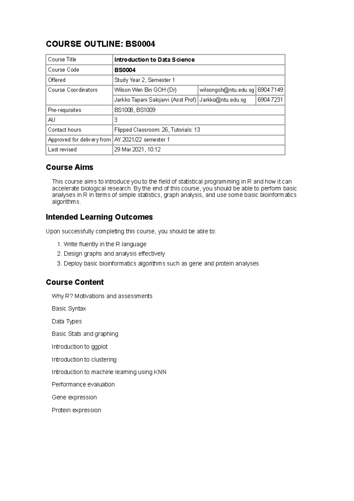 BS0004 - Course Outline: Introduction to Data Science, AY 2 Sem 1 - Studocu