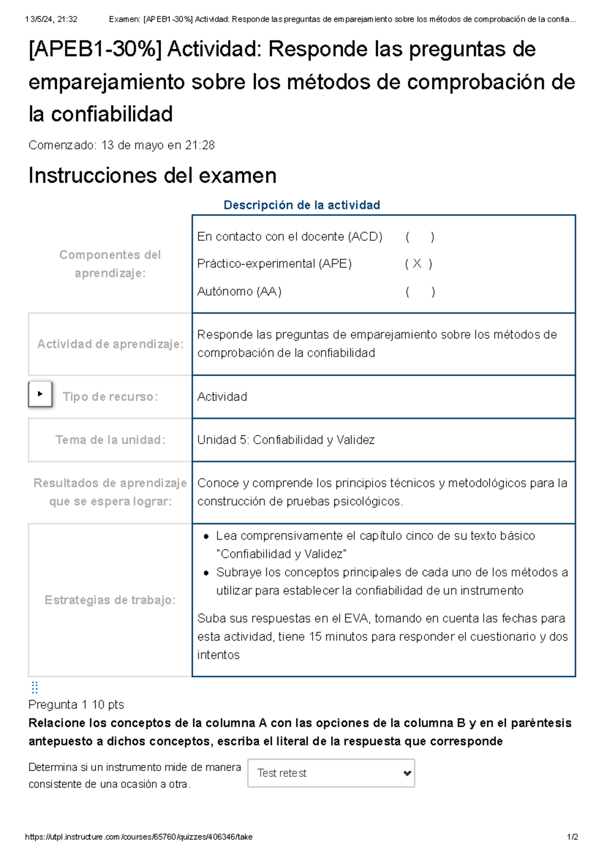 Actividad de Emparejamiento sobre Confiabilidad [APEB 1-30%] - Studocu