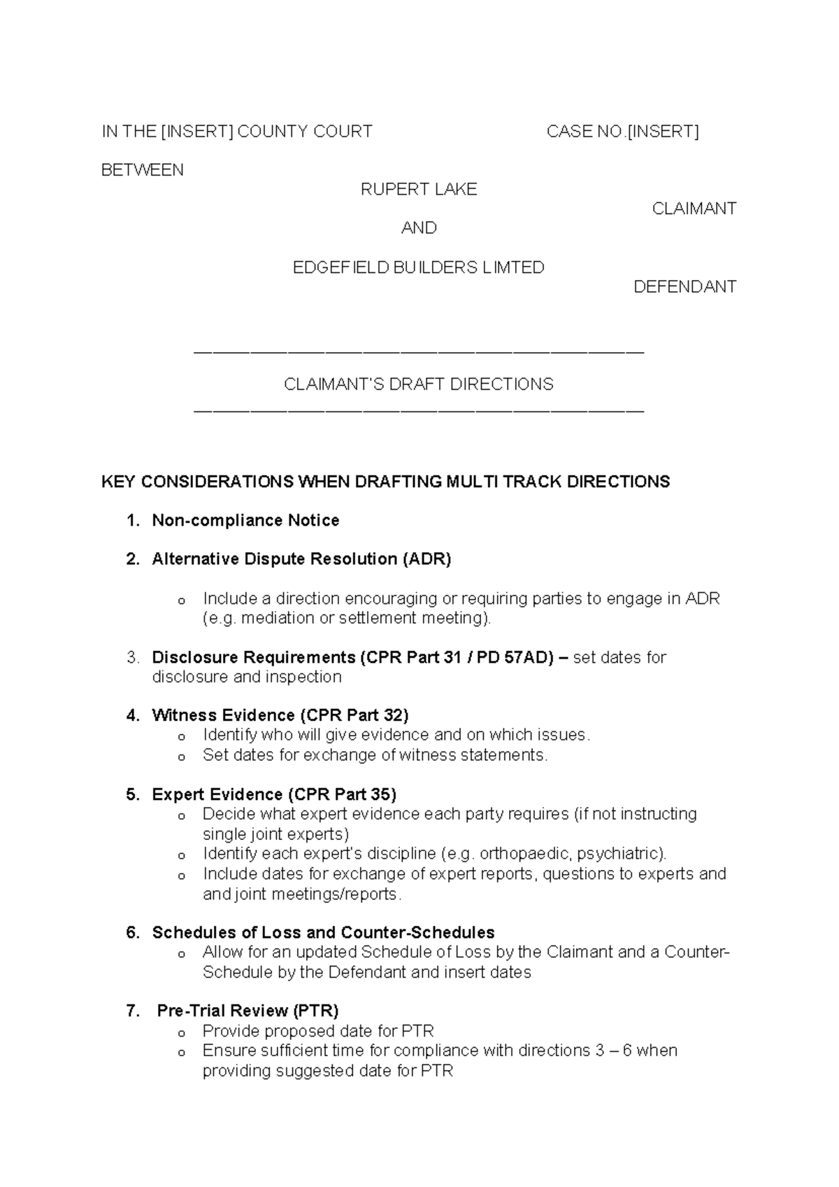 County Court Case Directions: Rupert Lake vs. Edgefield Builders - Studocu