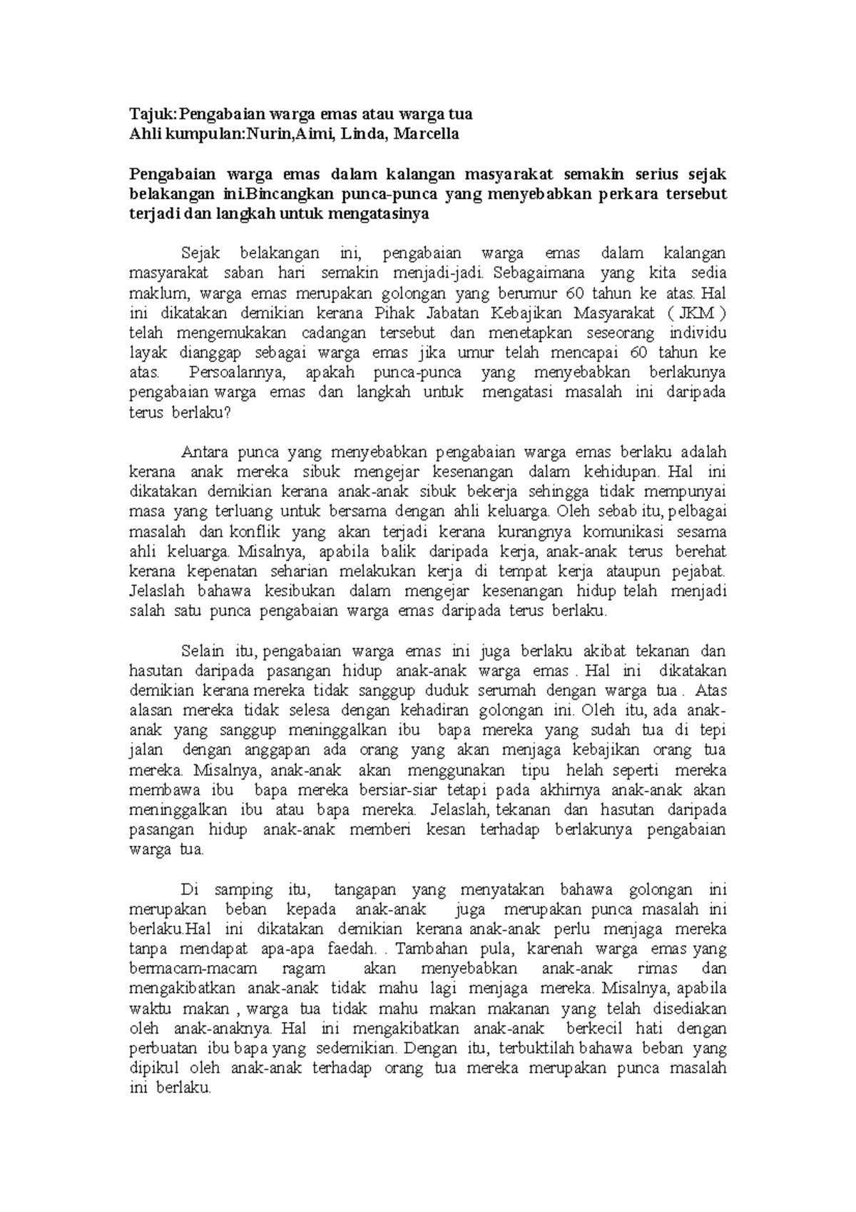 Pengabaian Warga TUA - Grade: b - Tajuk:Pengabaian warga emas atau ...