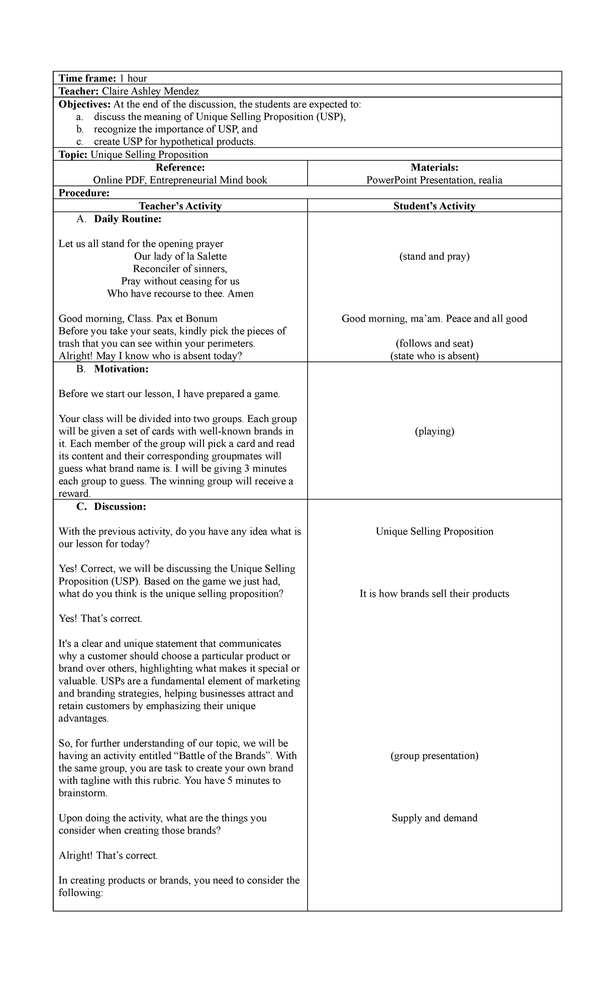 Entrep lp day1 - lesson on usp - Time frame: 1 hour Teacher: Claire ...