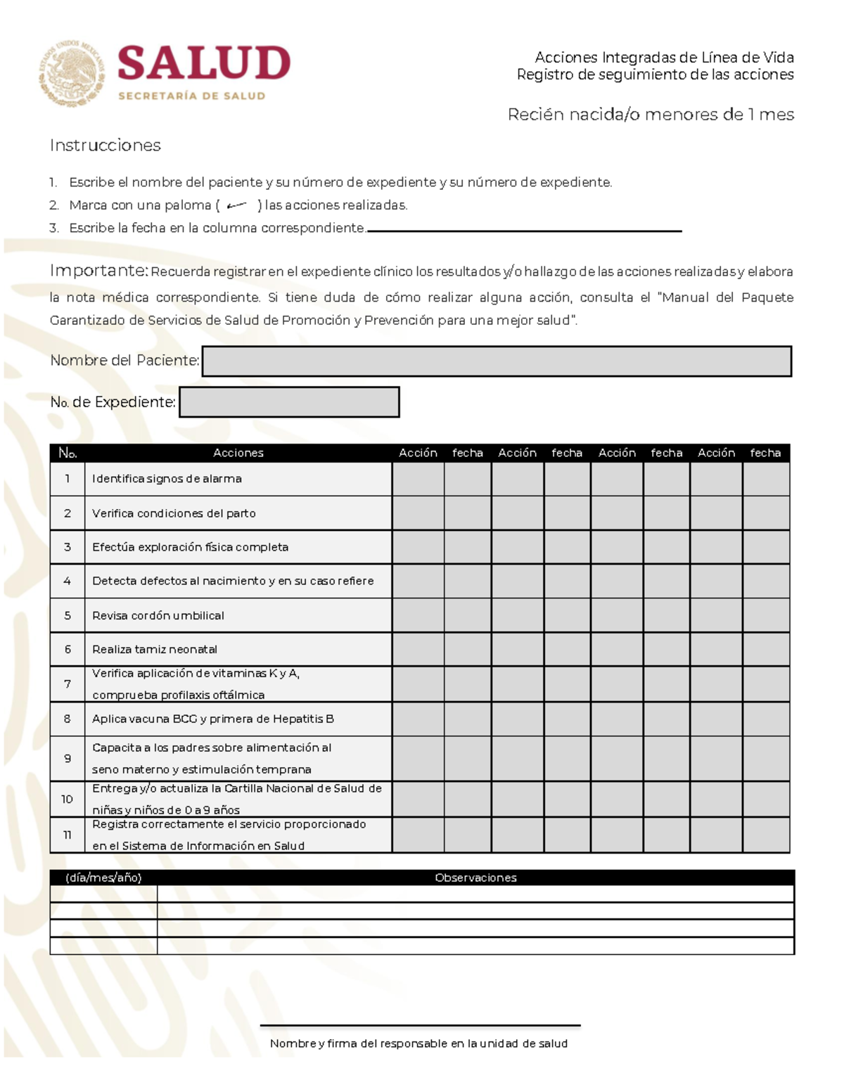 Formatos de línea de vida 2019 - Registro de seguimiento de las acciones Recién nacida/o menores ...