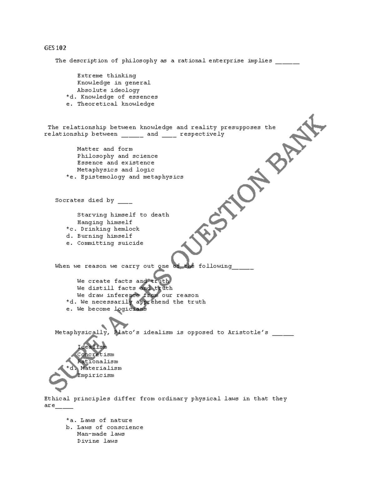 GES 102 Final Exam Philosophy Question Bank - Studocu