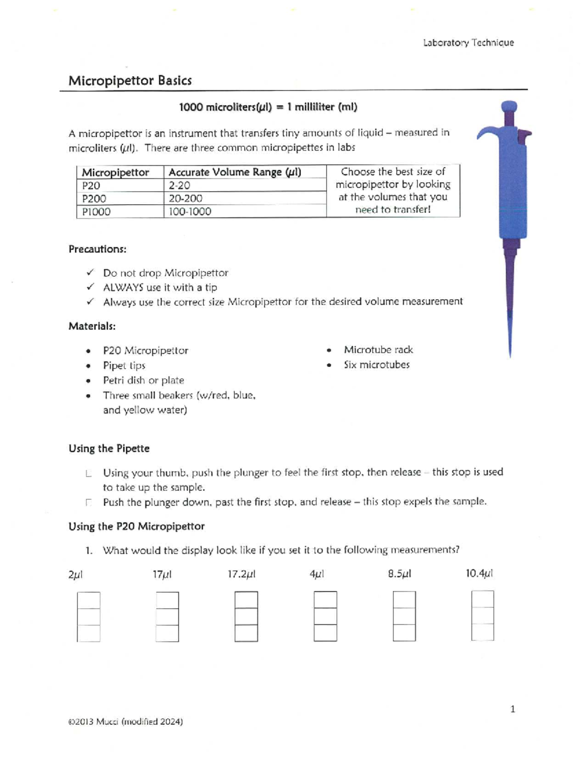Micropipettor Basics Lab Technique (WS) - Volume Transfer Guide - Studocu
