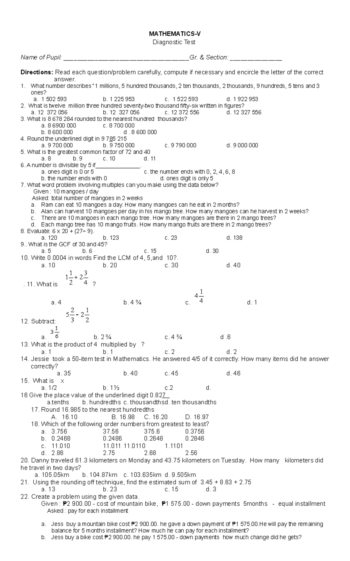 PRE-TEST Math 5: Diagnostic Test Questions and Answers - Studocu