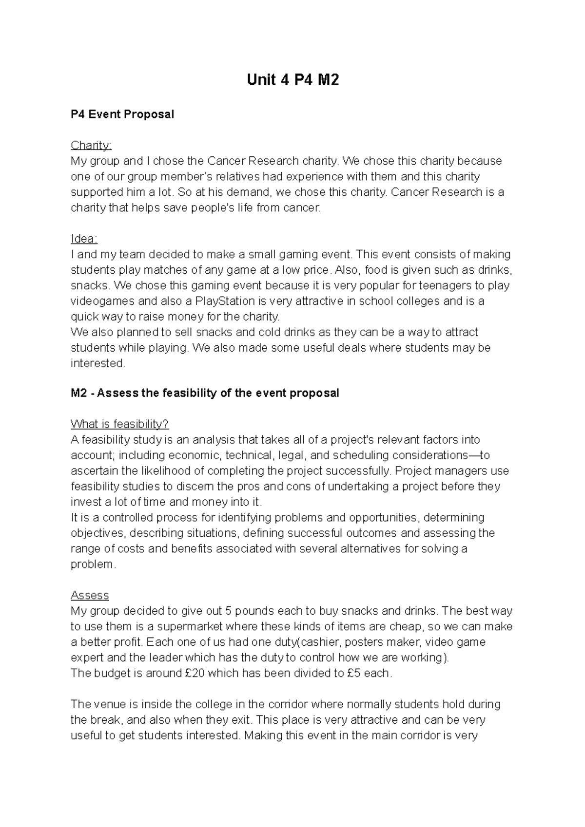 Unit 4 assignment 2 business 2020/21 Managing an event - Unit 4 ...