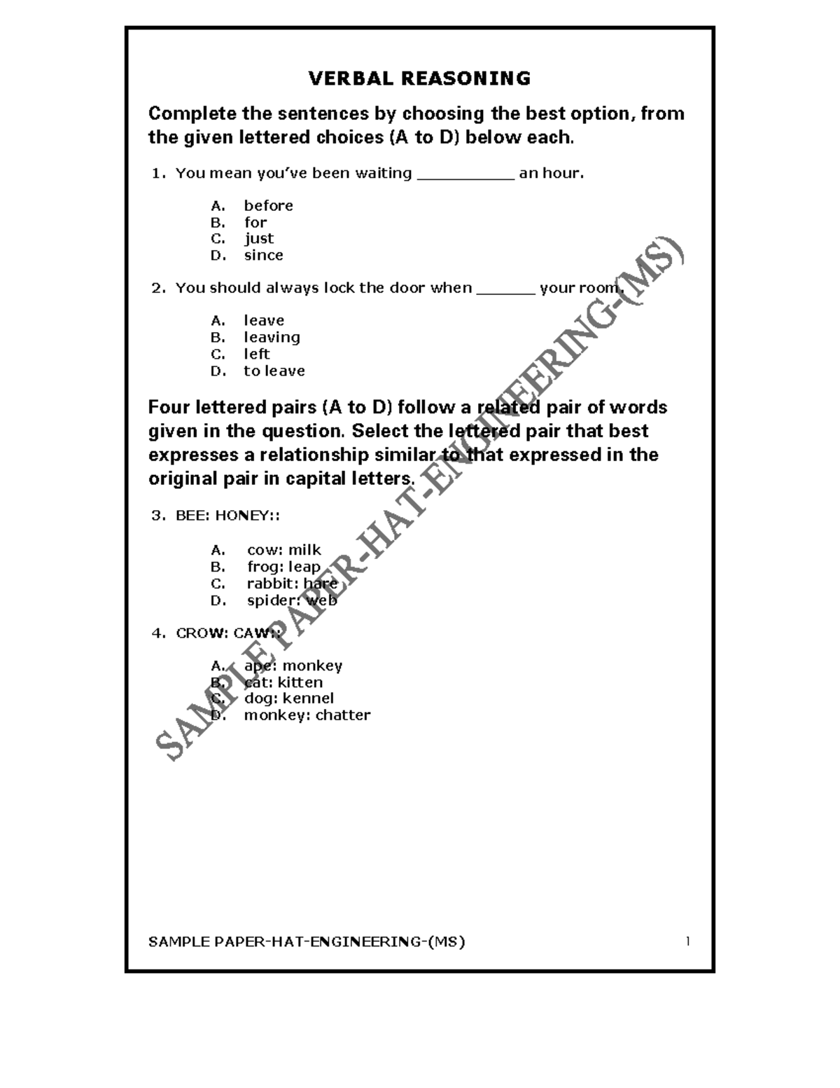 Verbal, Analytical & Quantitative Reasoning Sample Paper - HAT (MS ...