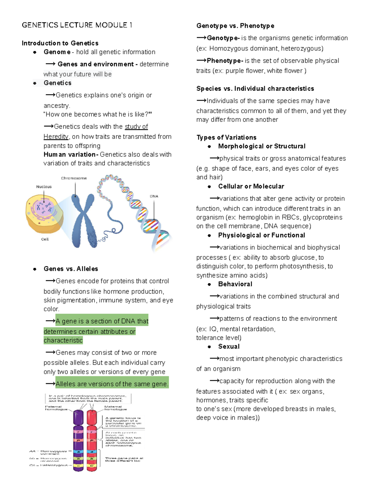 Genetics Lecture Module 1 - GENETICS LECTURE MODULE 1 Introduction to Genetics Genome - hold all ...