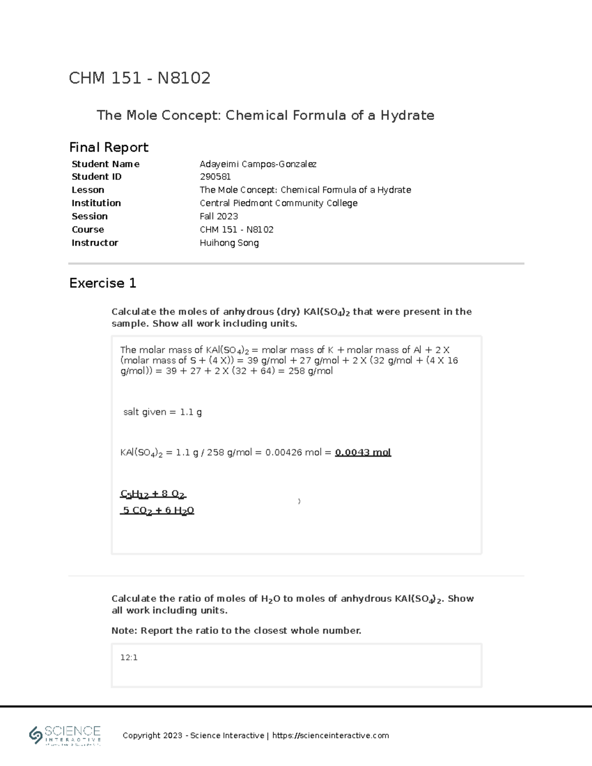 CHM151N The Mole Concept: Empirical Formula of a Hydrate Final Report ...