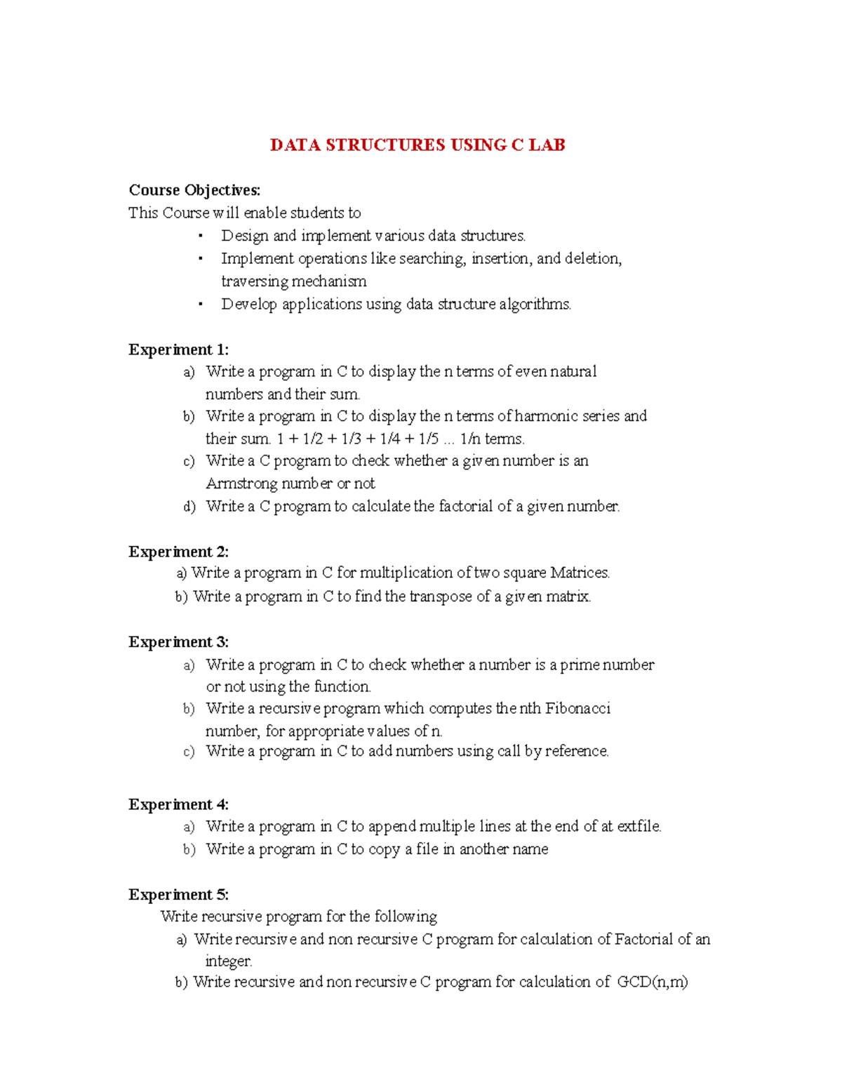 DATA STRUCTURES USING C LAB: Practical Programming Experiments - Studocu
